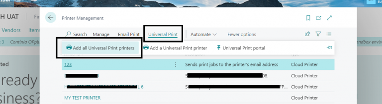 Universal Print Setup for Business Central